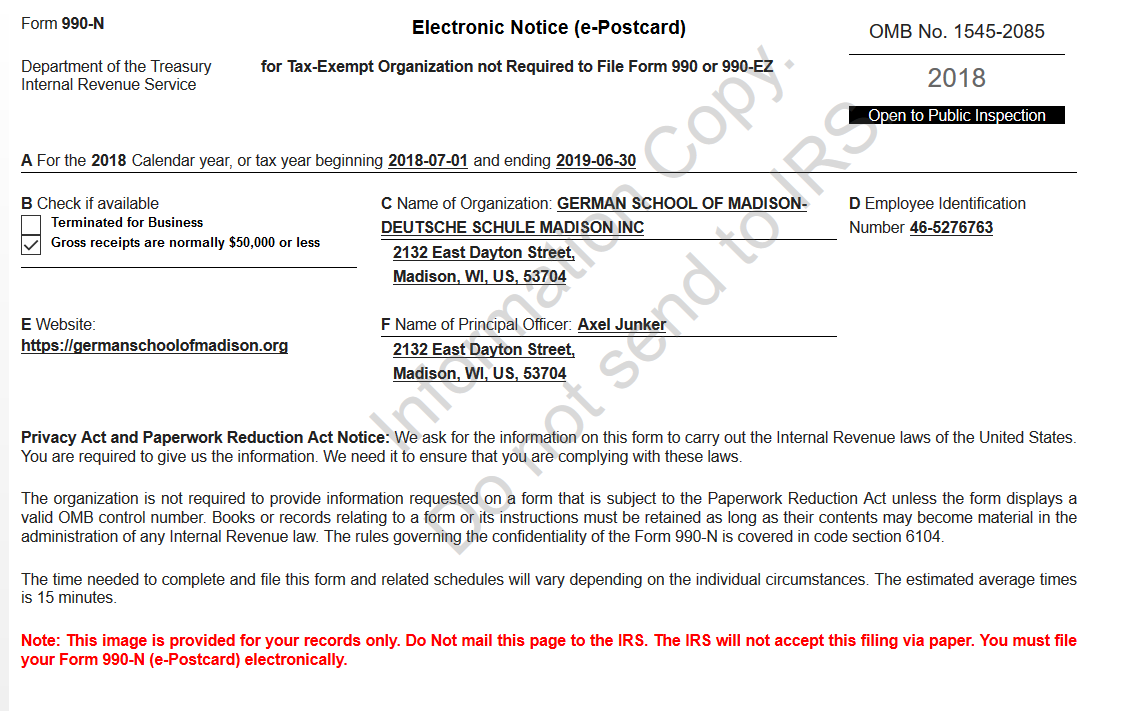 Form 990-N 2018-2019 – German School of Madison